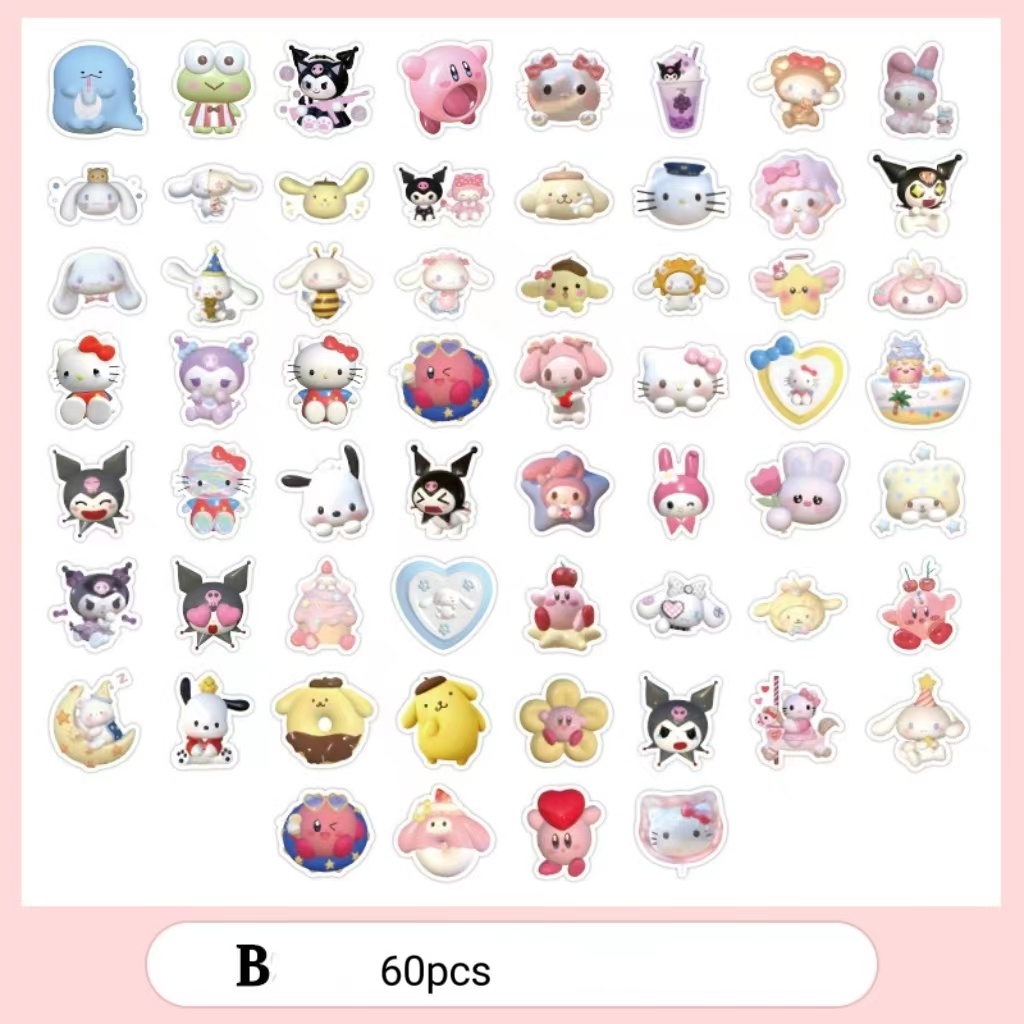 60pcs Sanrio Sticker 3d Cute Kuromi Cinnamoroll Melody Water Cup