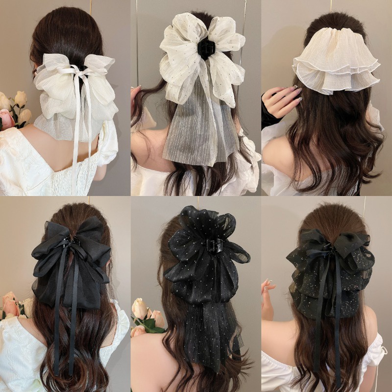 Korean Oversized Bow Ribbon Hair Clip Women's Tulle Ribbon Bow Hair ...