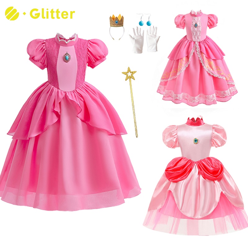 Super Mario Princess Peach Costume For Kids Girl Pink Peach Mesh Lace ...