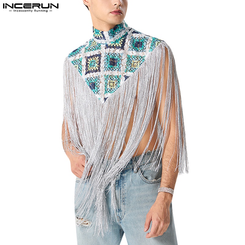 INCERUN Men Vintage Windowpane Fringe Triangle Styling Semi-High Neck ...
