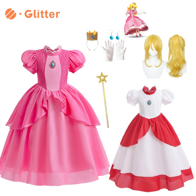 SUPER MARIO Pink White Peach Princess Dress For Kids Girl Halloween ...