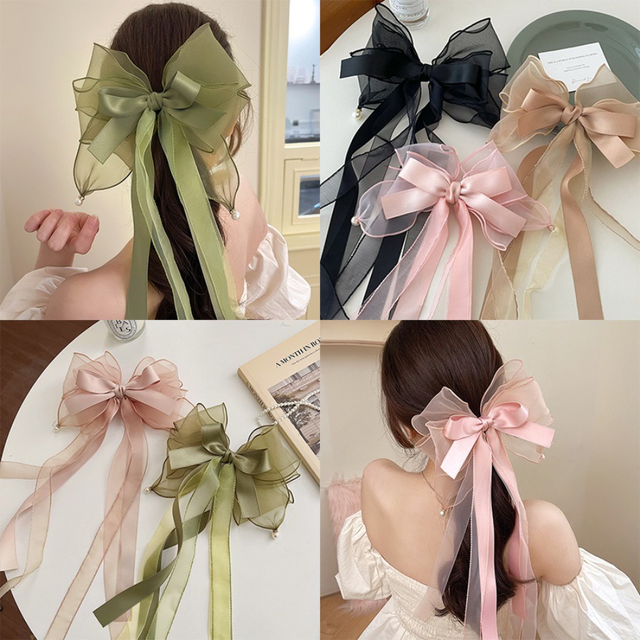 Korean Mesh Ribbon Bow Hair Clip Pearl Big Bow Hairpin Spring Clip ...