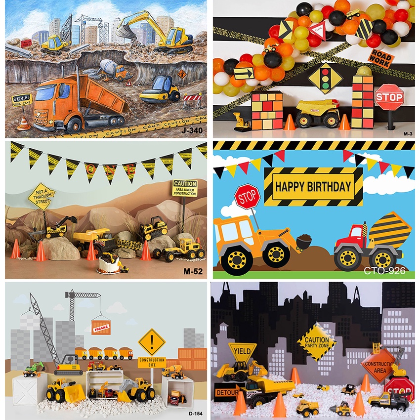 Birthday Backgrounds Construction Zone Excavator Truck Crane Builder ...