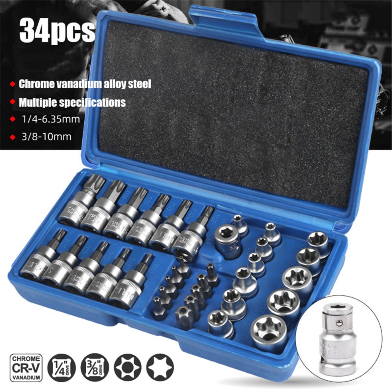 34PCS Torx Star Socket Set Bit Male Female E T Sockets With Torx Bit ...