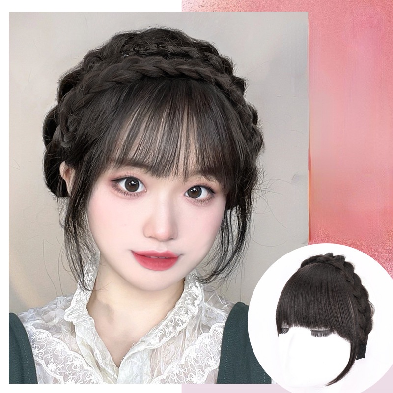Air bangs wig female natural forehead fishbone braid wig hair hoop ...