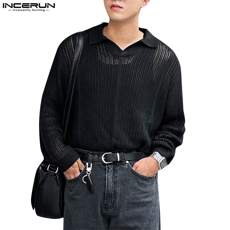 INCERUN Men's Fashion Mesh Hollow Long Sleeve Shirt POLO Shirts ...