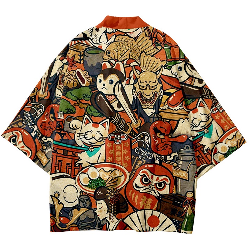 Streetwear Cardigan Demon Samurai Cat Print Shirt Clothing Traditional ...