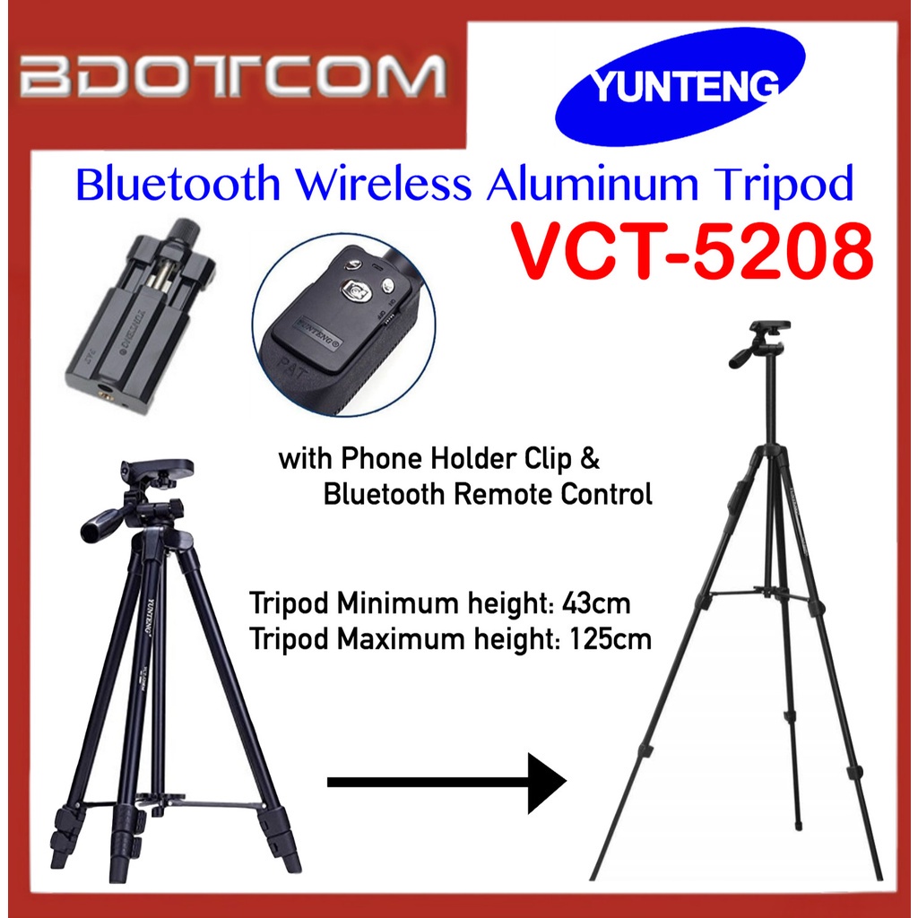Tripod stand with 3-Way Head Yunteng VCT5208 Phone Camera monopod Phone ...