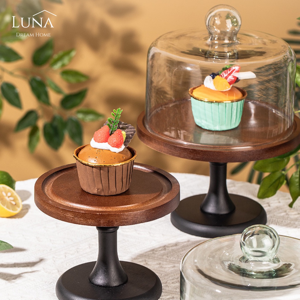 LUNA [Classic Cake Platter with Glass Dome] Wooden Base + Glass Cover ...