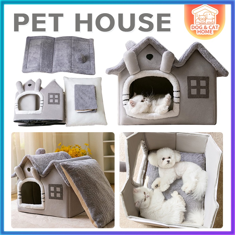 Pet house with fluffy bed inside washable foldable dog cat house ...