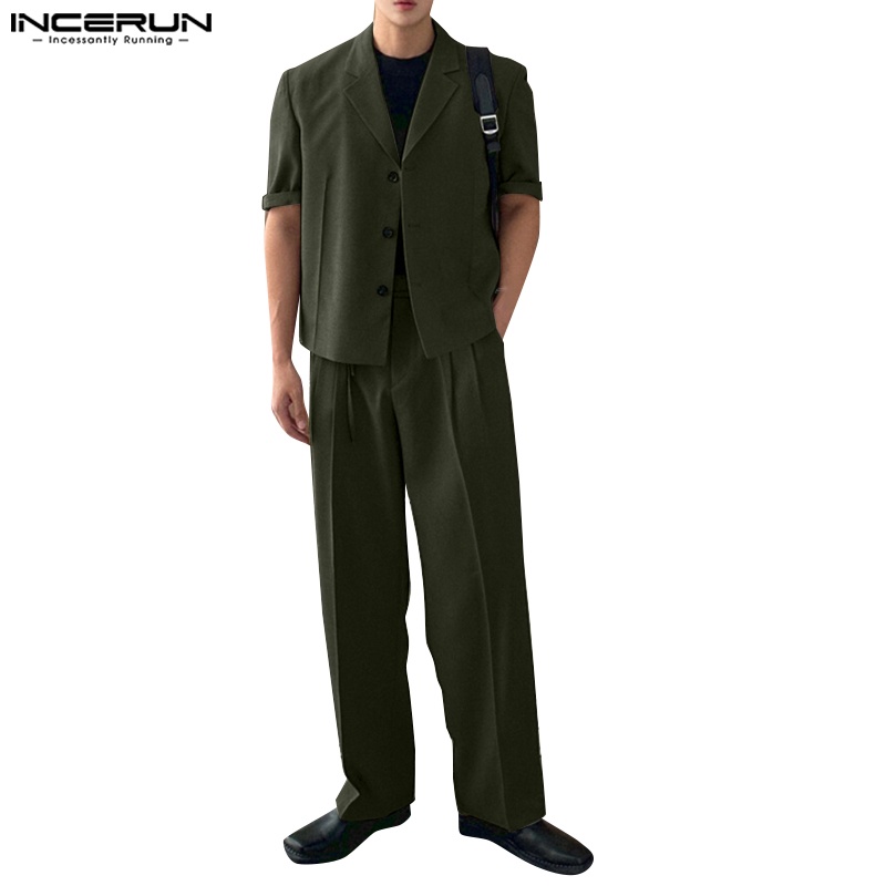 INCERUN men's pleated light and loose fitting short sleeved suit+pants ...