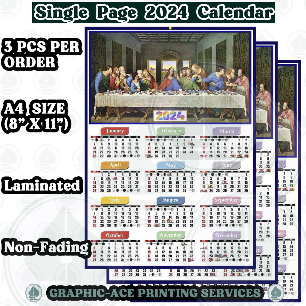 3 For 100 Deal - A4 Size 2024 PAINTING One Page Calendar Laminated 2024 ...
