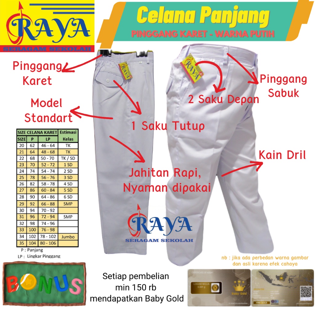 PUTIH School Uniform STYLE Trousers SD/MI/SMP/SMA White Color (Rubber ...
