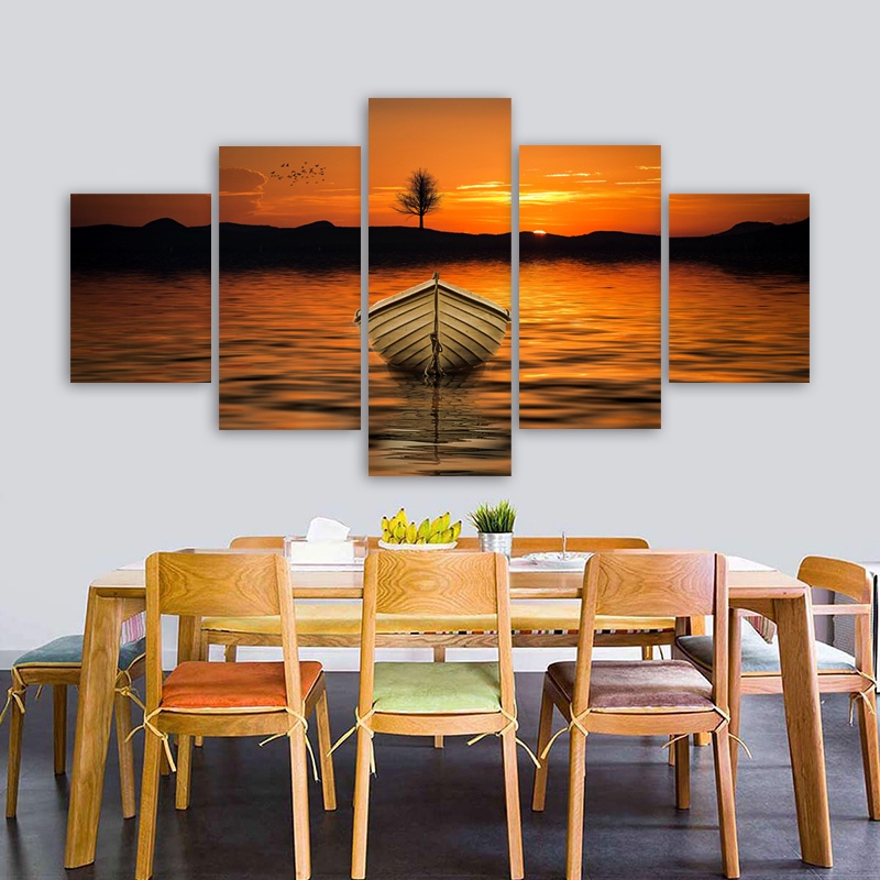 5 Panels Boat Sunset Posters Canvas Painting Landscape Pictures Lake ...
