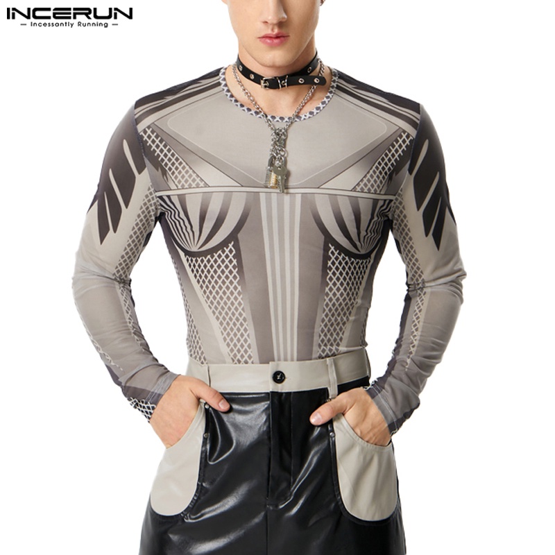 INCERUN Mesh Print Perspective Triangle Long Sleeve Bodysuit | Shopee ...
