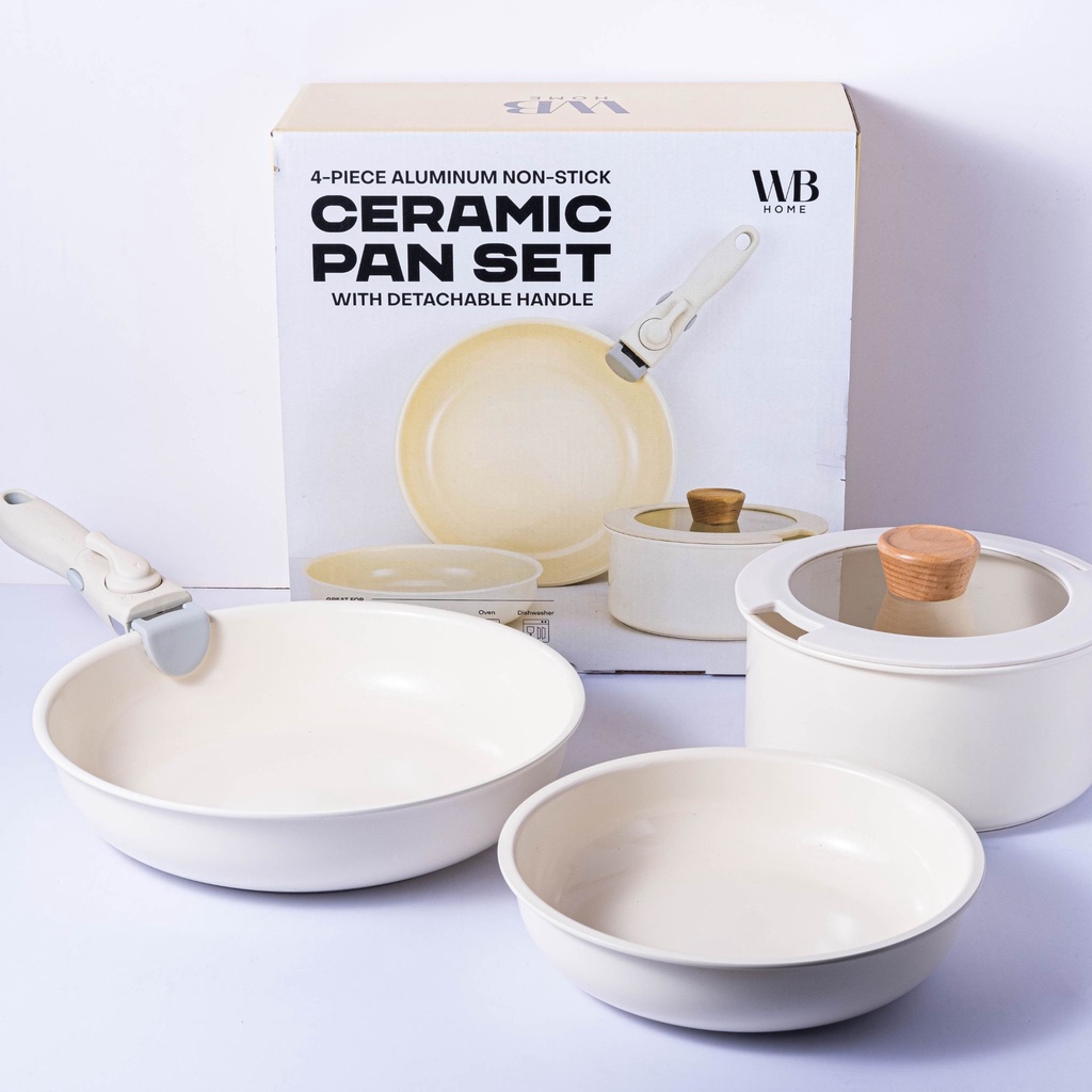 4- Piece Aluminum Non- Stick Ceramic Pan Set with Detachable Handle ...