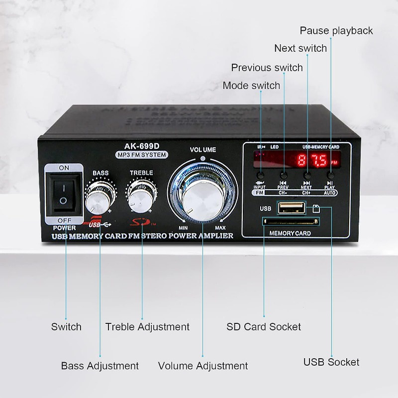 AK-699D 12V 220V 500W Bluetooth 5.0 Amplifier AK-699 BT USB/TF/FM Car ...