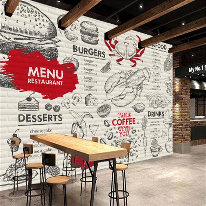 Custom Size 3d Burger Pizza Food Pattern Mural Wallpaper For Fast Food ...