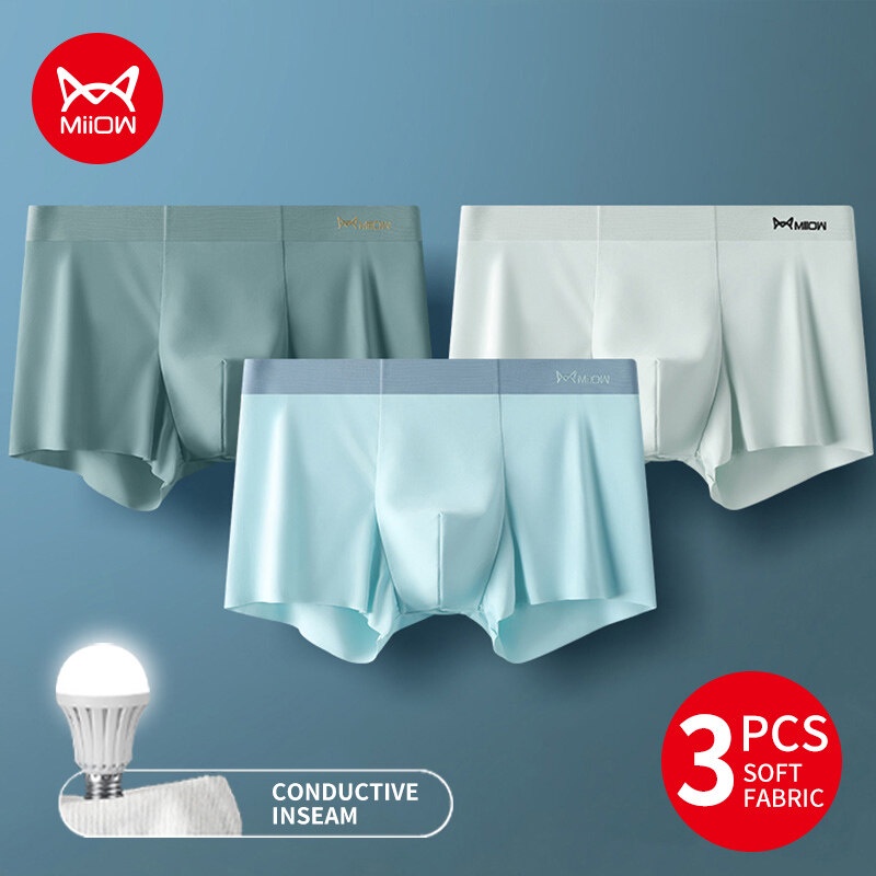 MiiOW 3Pcs Boxers Men Underwear Ice Silk Innerwear Printing Man Boxer Men's Panties Conductive ...