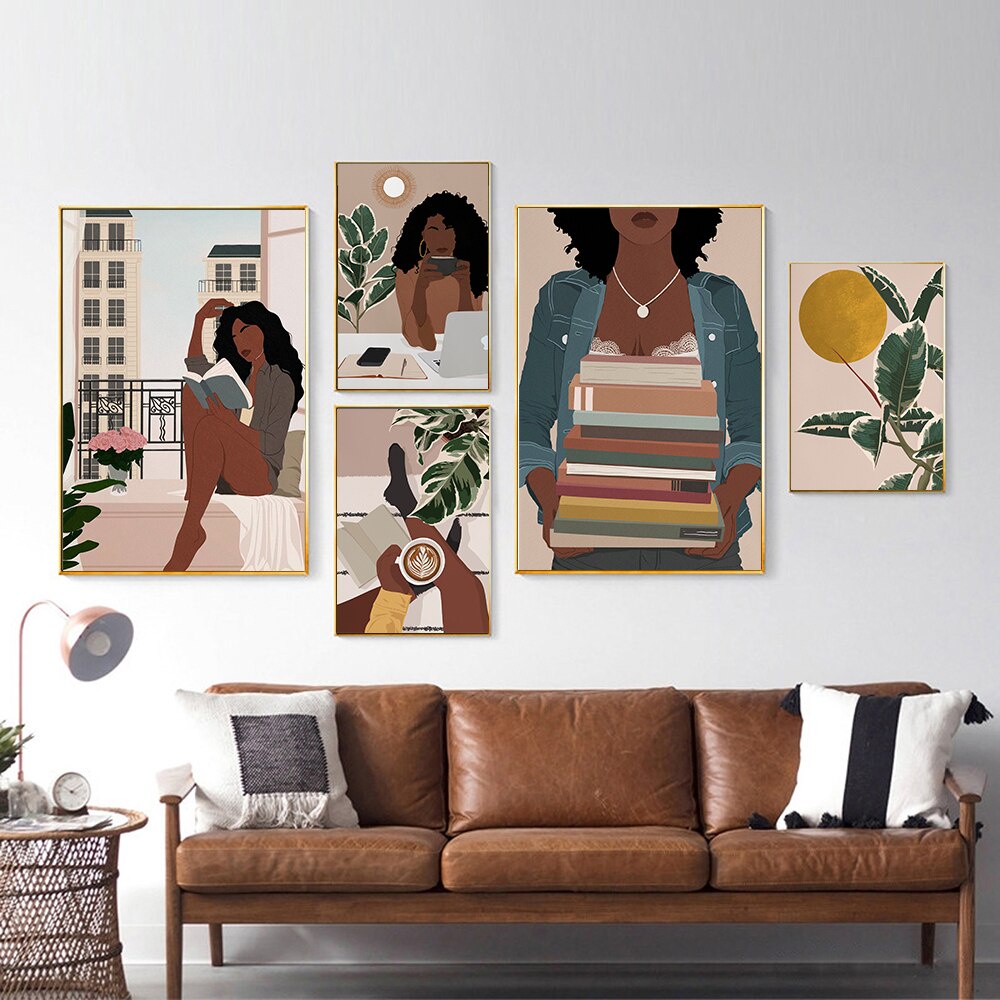 Book Lover Girl Reading, Black Woman Boho Wall Art, Canvas Painting ...