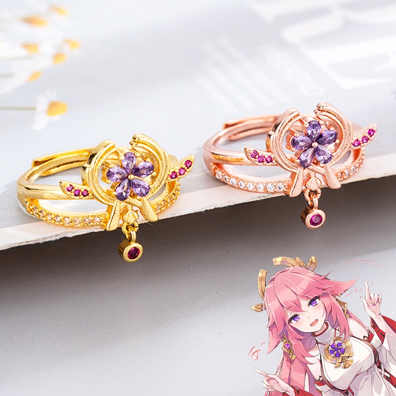 Game Genshin Impact Ring Yae Miko Flower Plant Adjustable Metal Rings ...