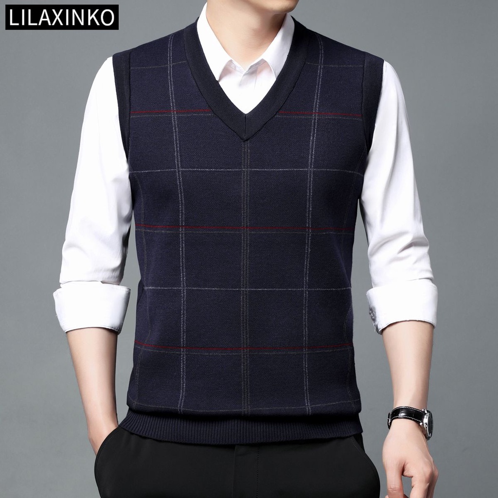 3 Color Men Vest Sleeveless Sweater Knit V Neck Checkered Plaid Basic ...