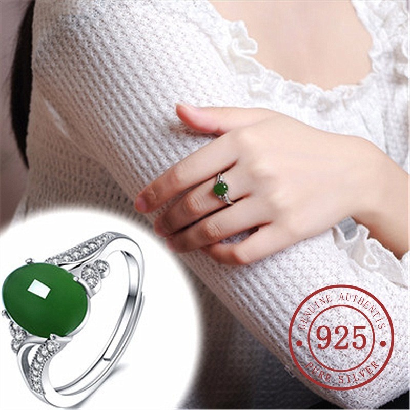 Hetian Jade S925 Silver Inlaid Emerald Split Ring Egg Noodles Emerald ...