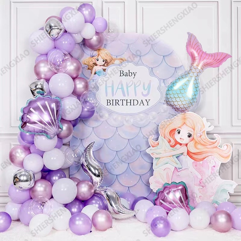 73pcs Mermaid Theme Balloon Party Set Large Gradient Mermaid Tail ...