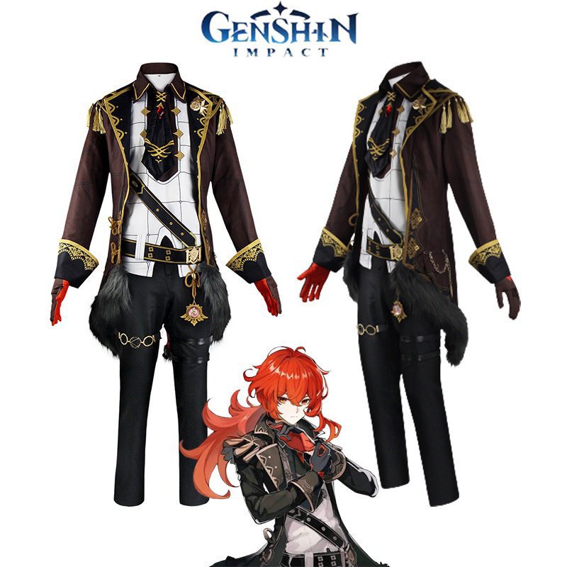 Genshin Impact Diluc Cosplay Costume suit and Diluc wig，Diluc shoes ...