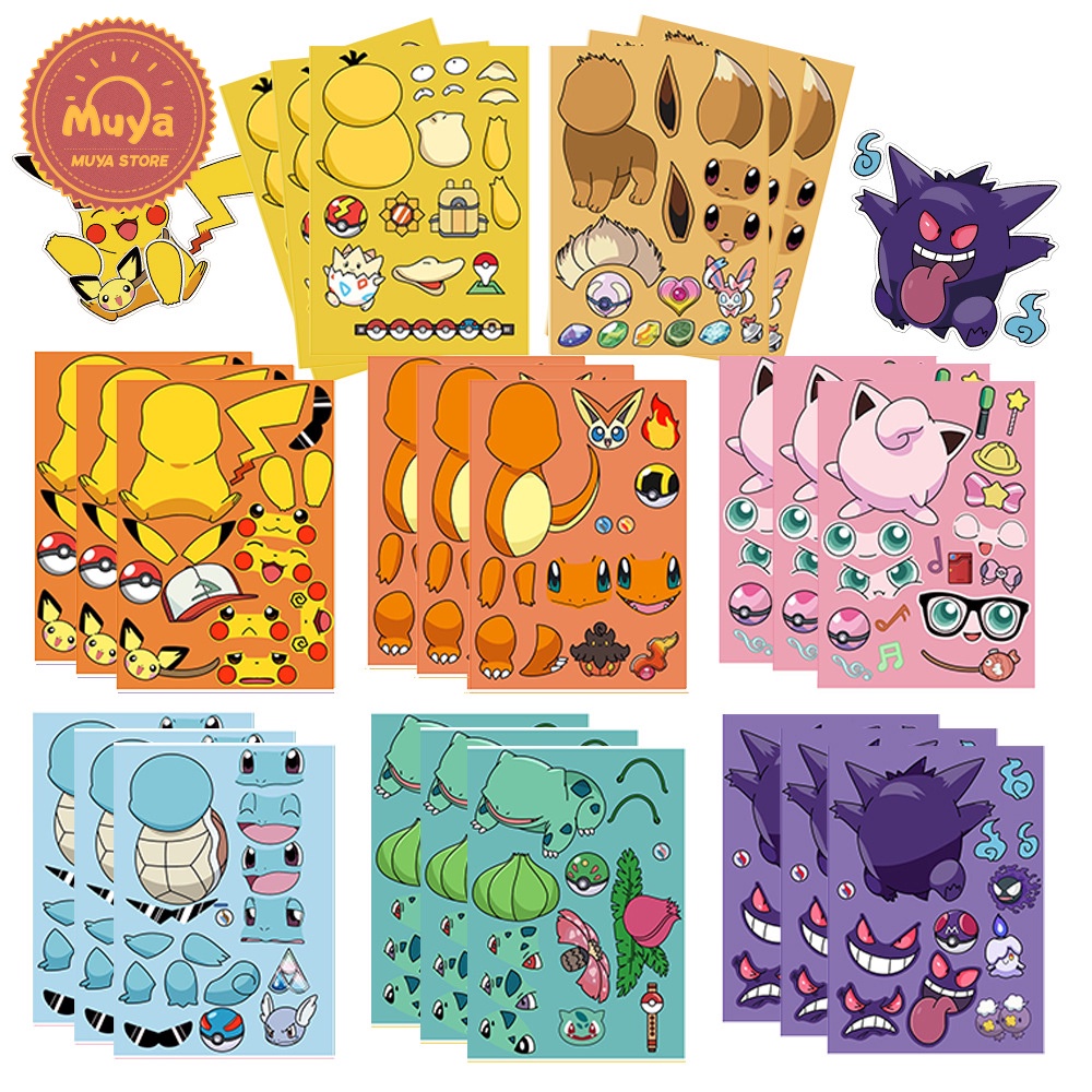 MUYA 8 Sheets/Set Pokemon Stickers Make a Face Puzzle Stickers ...