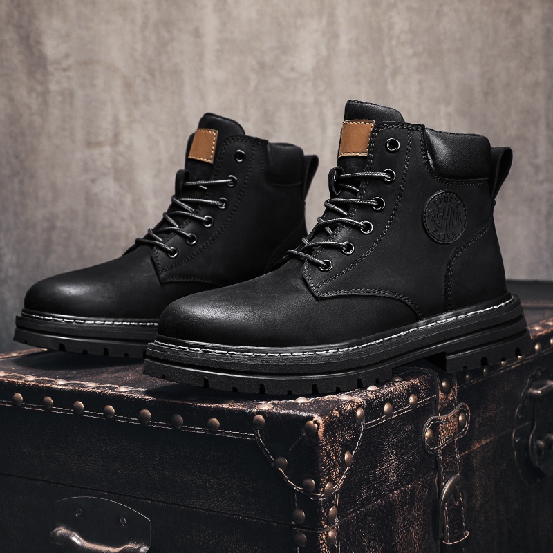 Retro Martin Boots Leather Cowboy Motorcycle boots Round Toe British ...
