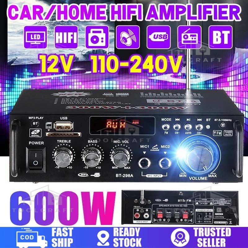300W+300W Bluetooth Amplifier 2CH HIFI Audio Stereo Power AMP USB FM Radio Car with Remote ...