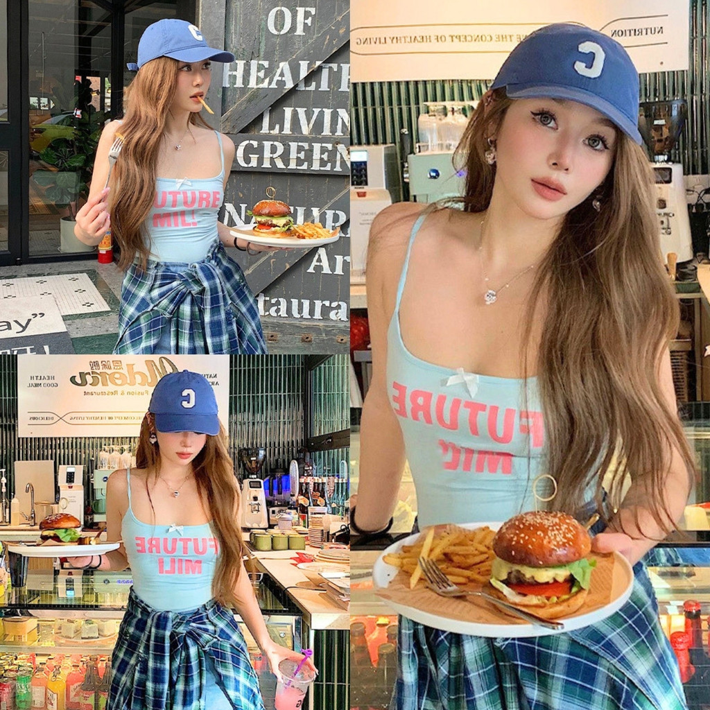 Crop Top Blue Color With Bow Decoration Screen Print FUTURE | Shopee ...