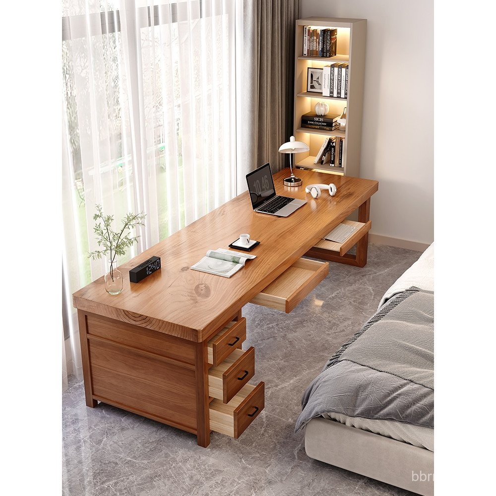 Solid Wood Double Long Desk Home Desktop Computer Desk Wall-Mounted ...