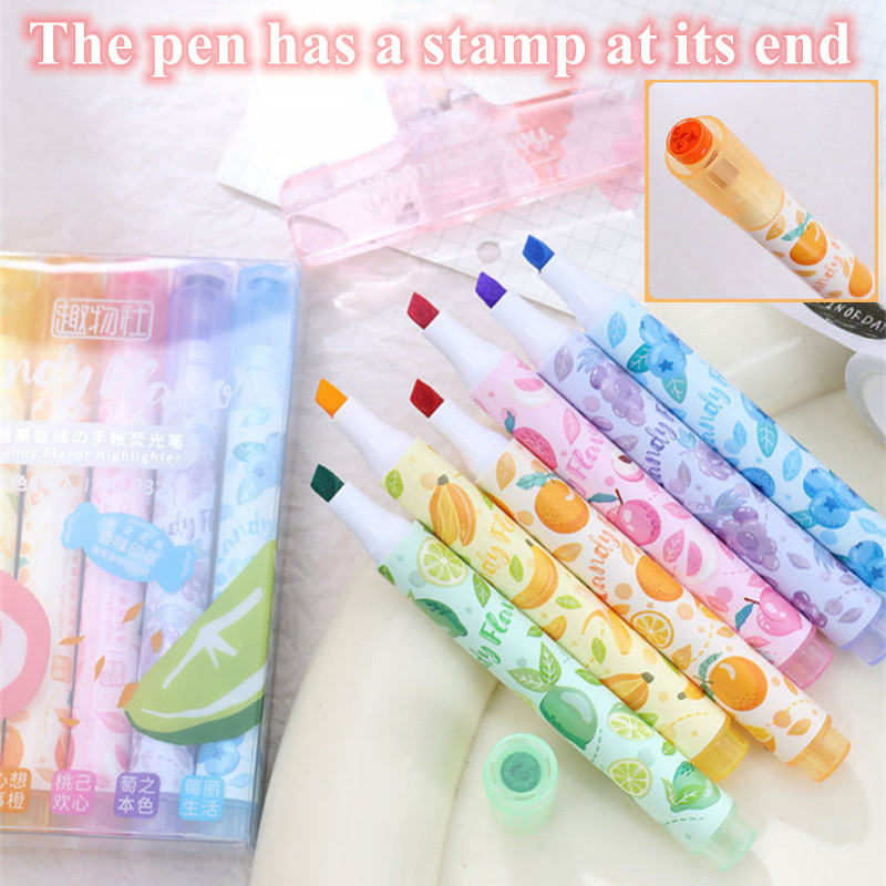 6 Colors Fruit-Scented Highlighter Pens - Soft Tip Markers with Stamp ...