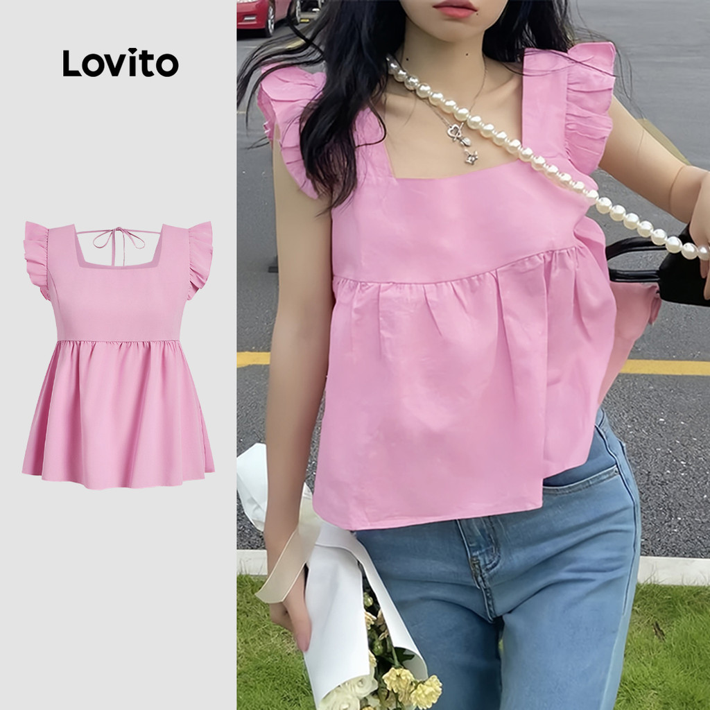 Lovito Women Cute Blouse Tie Back Ruffle Good Texture Spring/summer ...