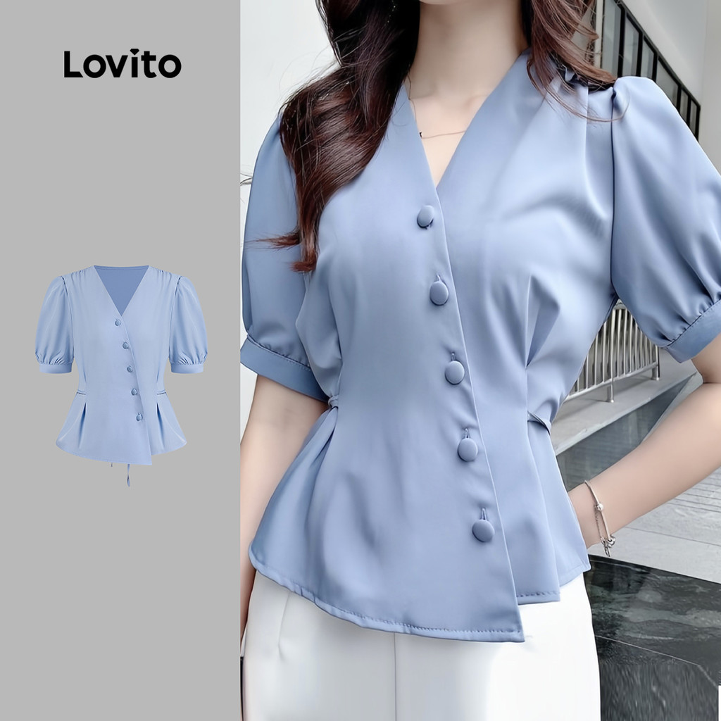 Lovito Women Casual Blouse Button Tie Back Soft and Comfortable Spring ...