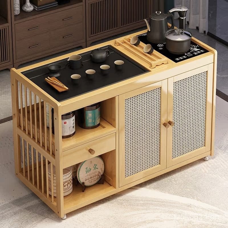 Wheeled Solid Wood Kettle Balcony Tea Cart Integrated Mobile Tea ...