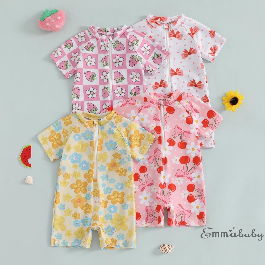Emma-Toddler Girl Rash Guard Swimsuit Cherry/Bow Print Zipper Short ...