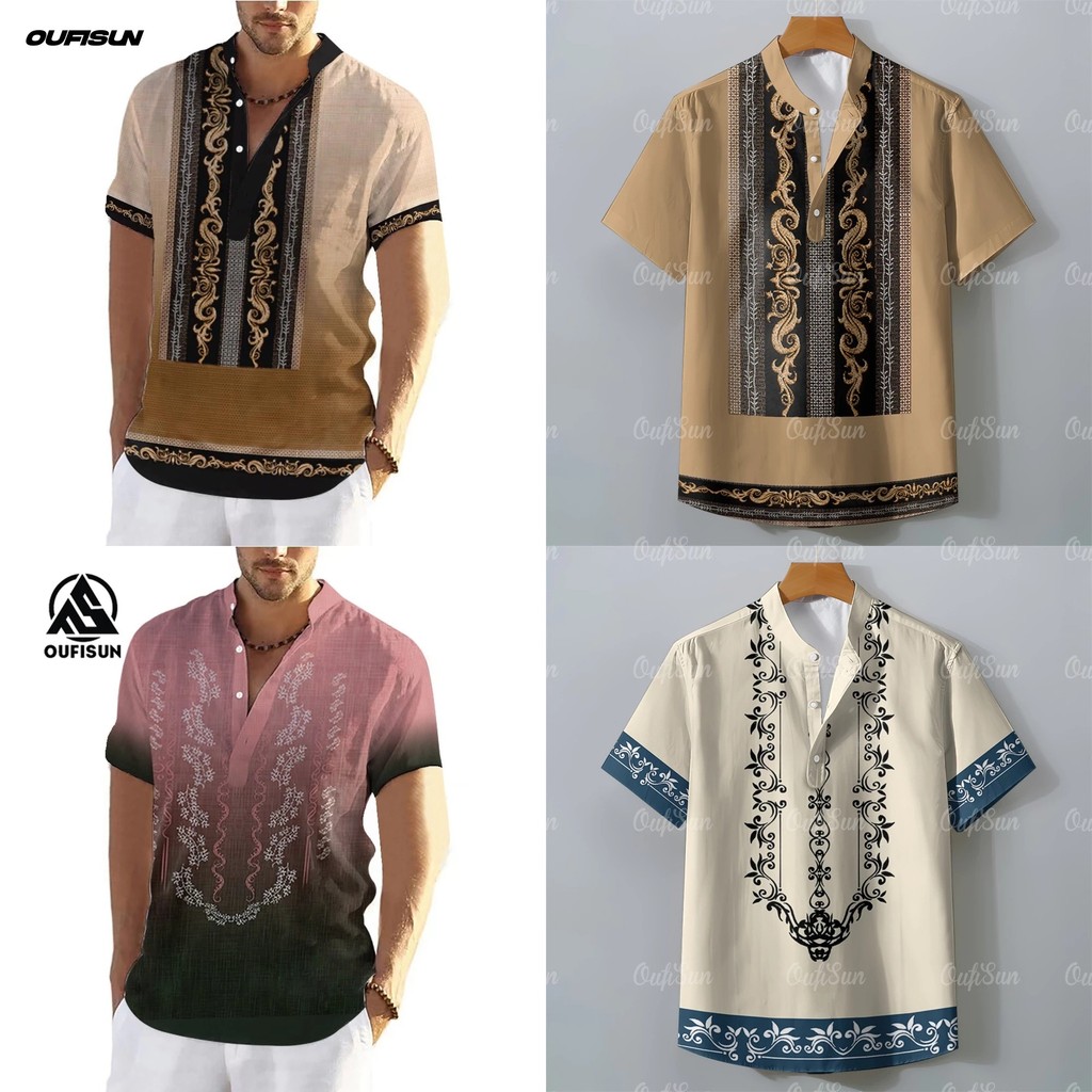 Dashiki 2025 New Year Ethnic Style Barong Shirt Men's Stand-up Collar ...