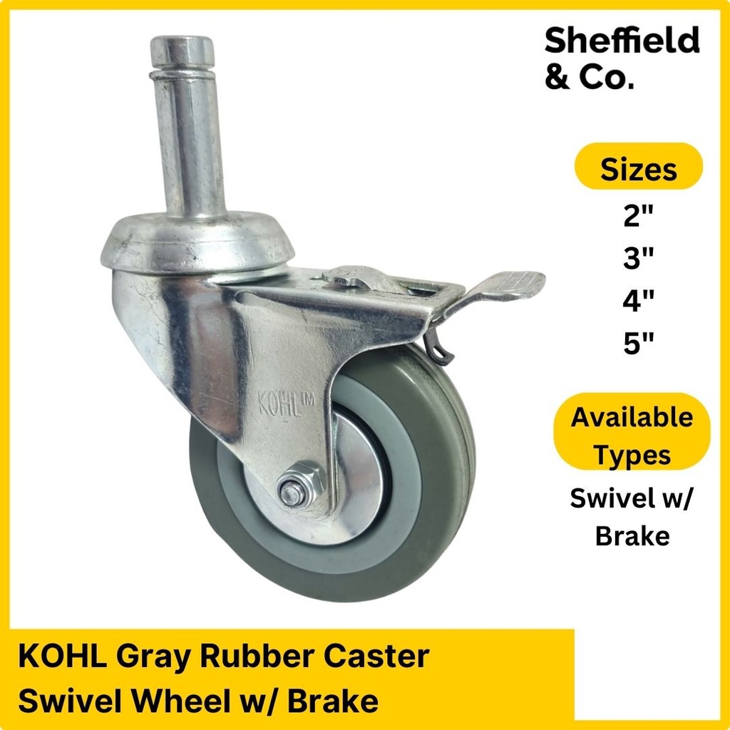KOHL Caster, Gray Rubber Caster (Swivel w/ Brake) (2", 3", 4", 5 ...