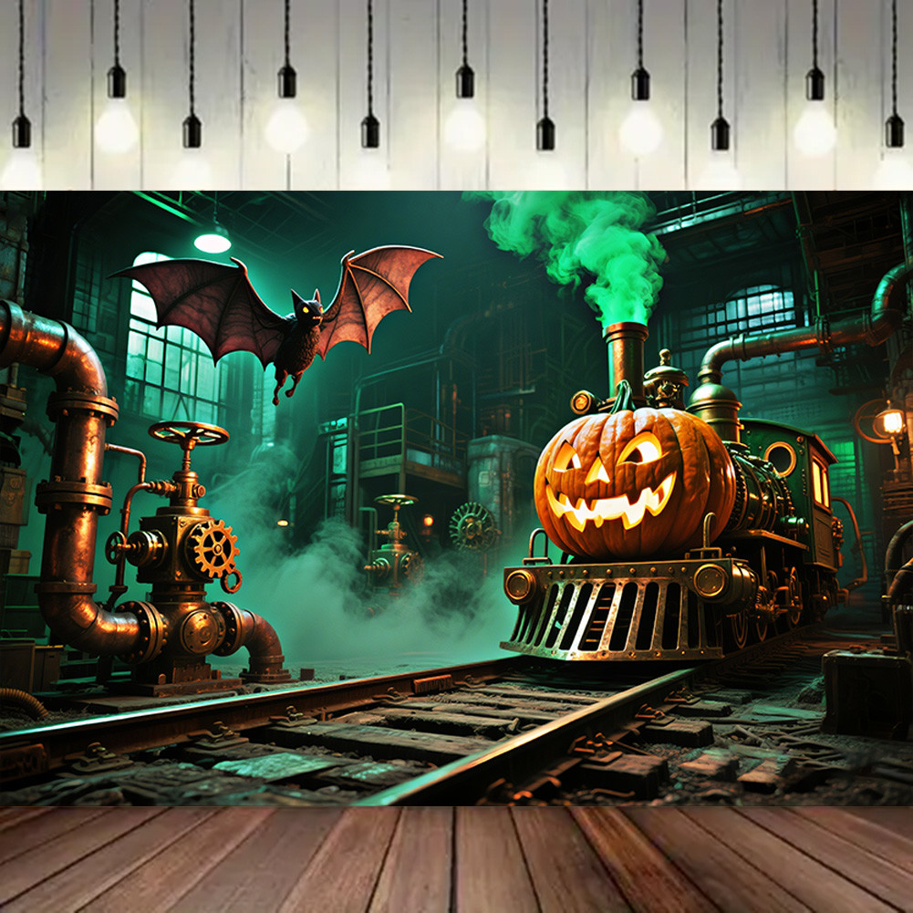 POSSBAY Steampunk Themed Halloween Backdrop Pumpkin Locomotive ...