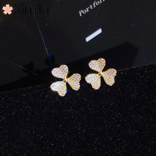 XIMILU Fresh Clover Earrings New Style Trendy Student Full Diamond ...