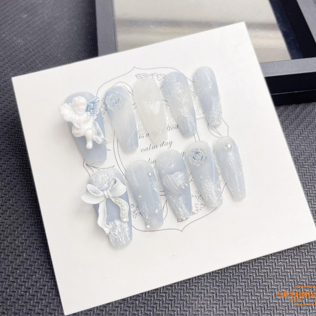 Haze Blue Fake Nails with Angel Decor Natural Unbreakable Nail Simple ...