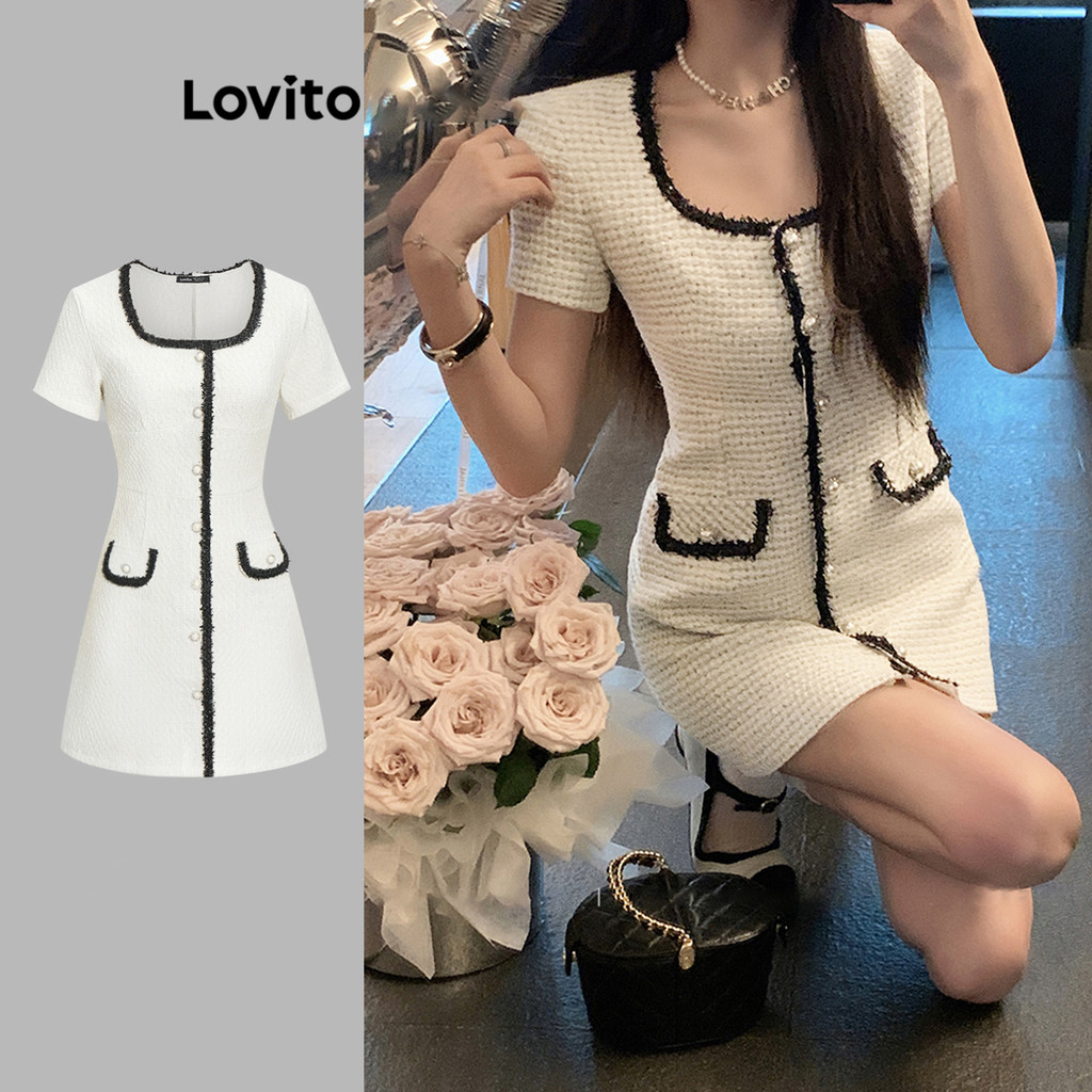 Lovito Women Casual Dress Plain Contrast Binding Dress L67AD098 (White ...