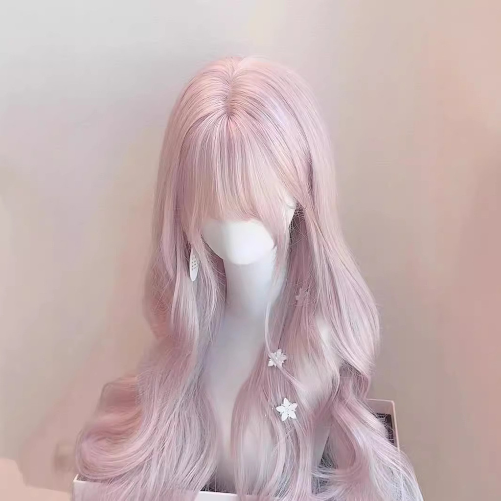 [Sunset Pink] Qi Bangs lolita Pink cos Big Wave Long Curly Hair Full ...