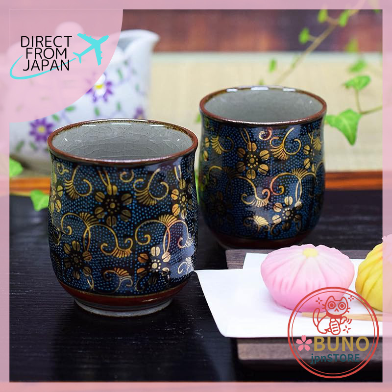 Pair of stylish teacups, Kutani ware, couple's teacups, blue grain iron ...