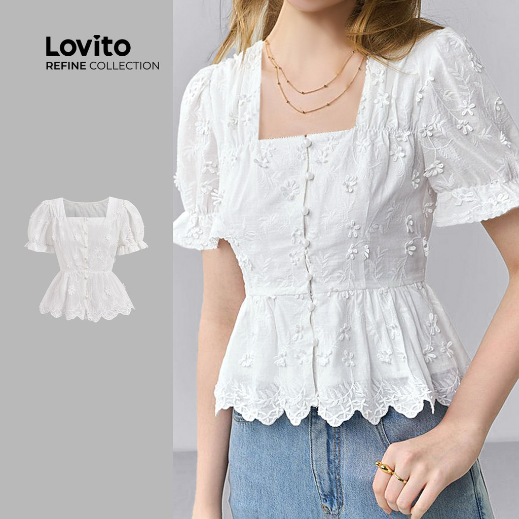 (Lovito Refine) Women Elegant Blouse Eyelet Embroidery Good Texture ...