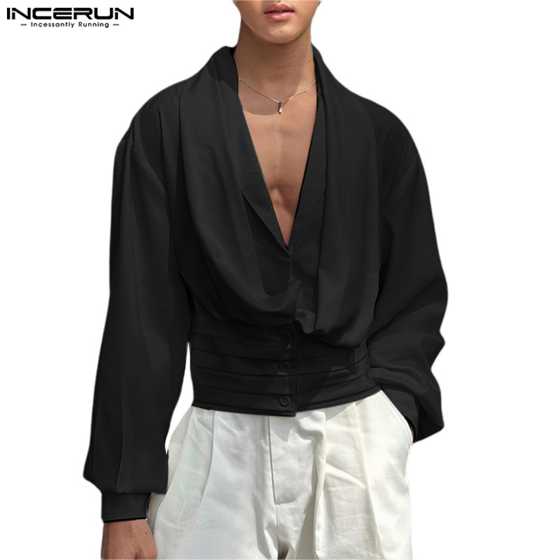 INCERUN Men Korean False Two-Piece Blazer Collar Pleated Long Sleeve ...