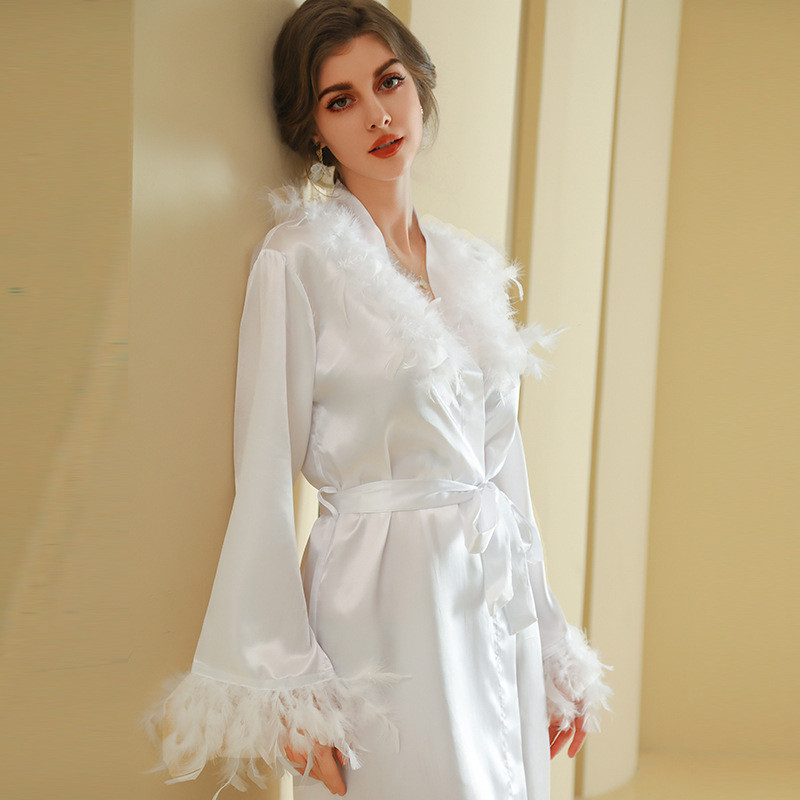 Ladies Solid Color Long Feather Decoration Robe Bathrobe Four Seasons ...